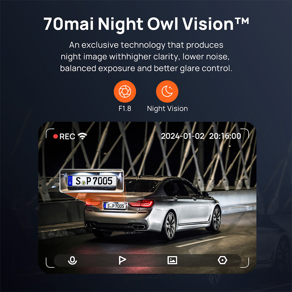 70mai Dash Cam A500S 2.7K HD with 2-Inch Screen & Dual-Channel Support ...